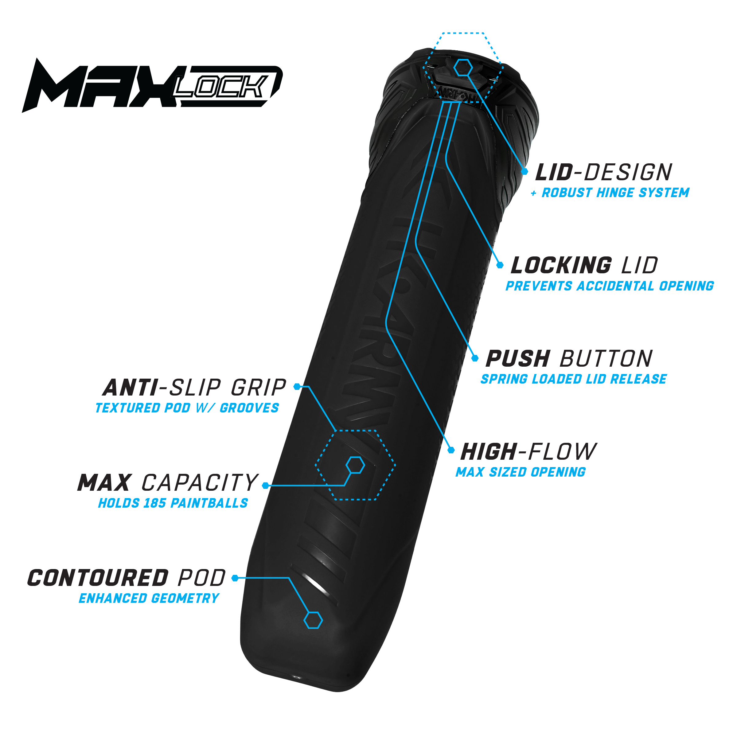 MaxLock Pods - Lock Lid 185 Rounds - Stealth 6-Pack | HK Army Paintball